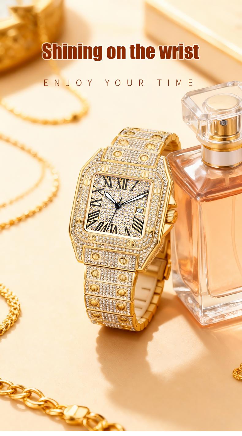 Luxury Rhinestone Embellished Square-Dial Quartz Watch with Gift Box ...