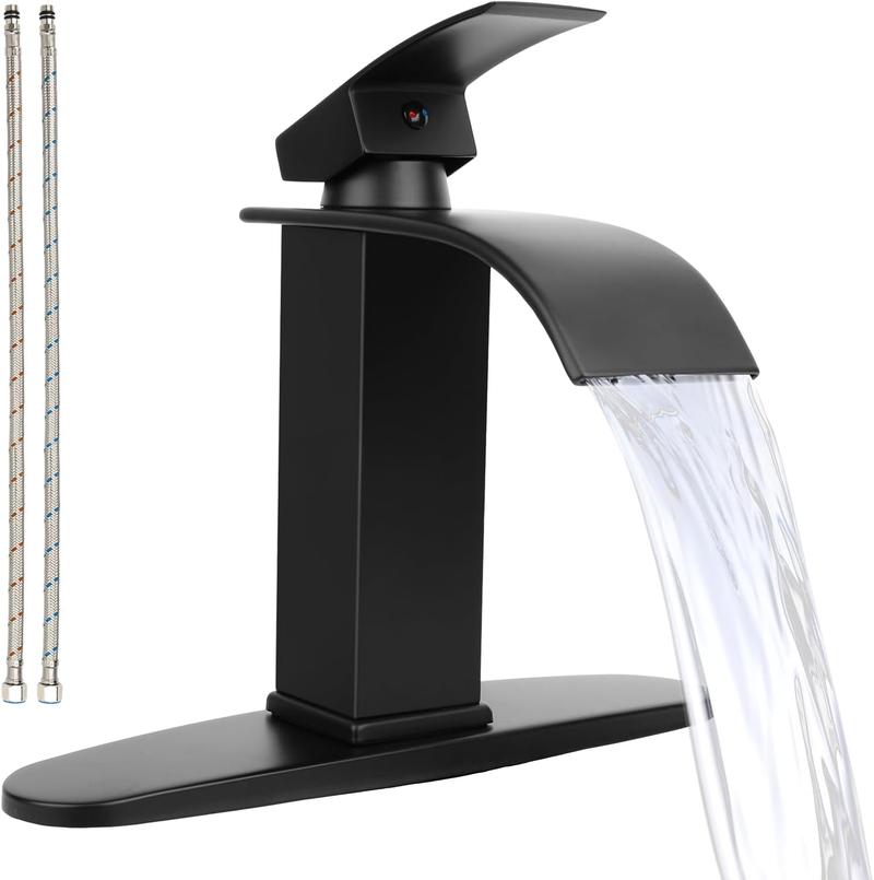Klabb S16 Black Waterfall Spout Bathroom Faucet, Single Handle Bathroom ...