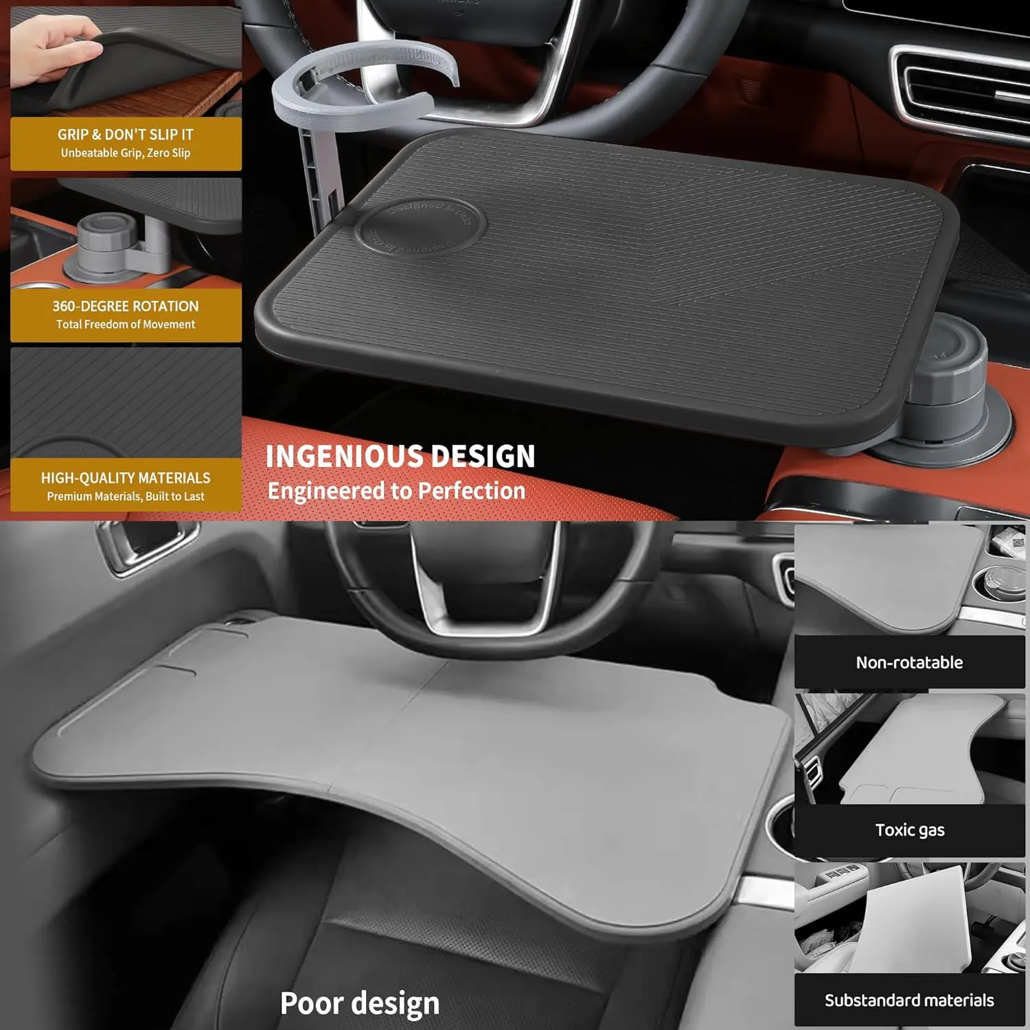 Car Tray & Car Desk for Laptop, 360 ° Rotating Wood Cup Holder Table ...