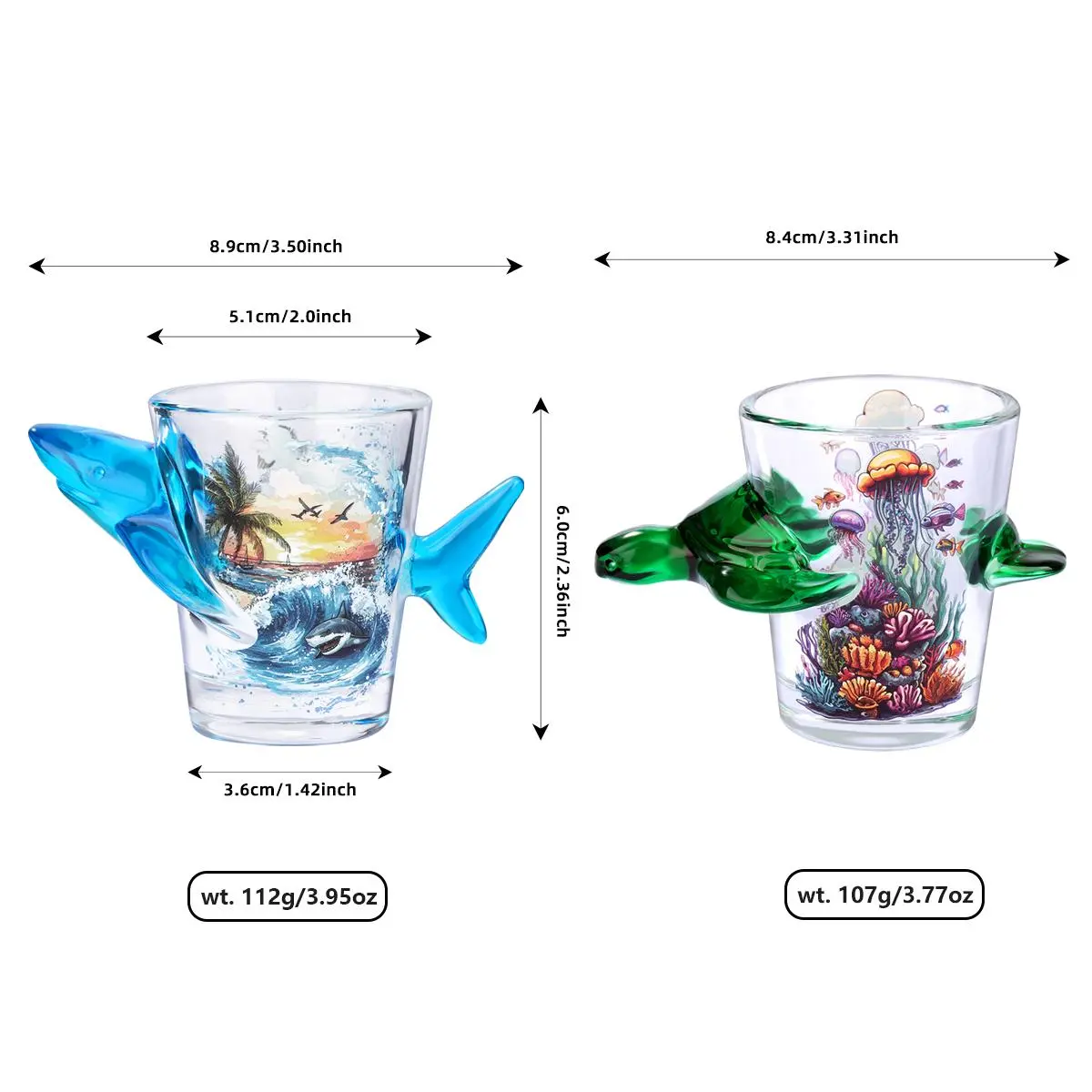 Turtle and Shark Glass Cups Set, Unique Ocean Series 50ML Glasses 2 ...