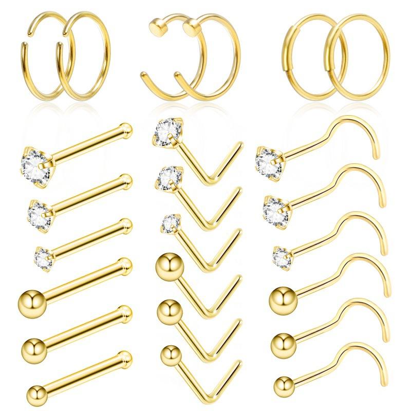 21pcs/set 316L Funky Stainless Steel Rhinestones Decor Nose Ring, Punk ...