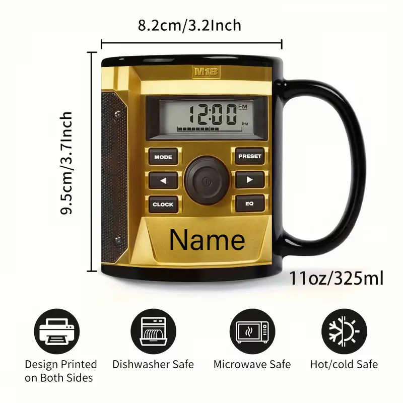 1pc Custom Name Golden Radio Theme Mug with 2D Design, Personalized ...