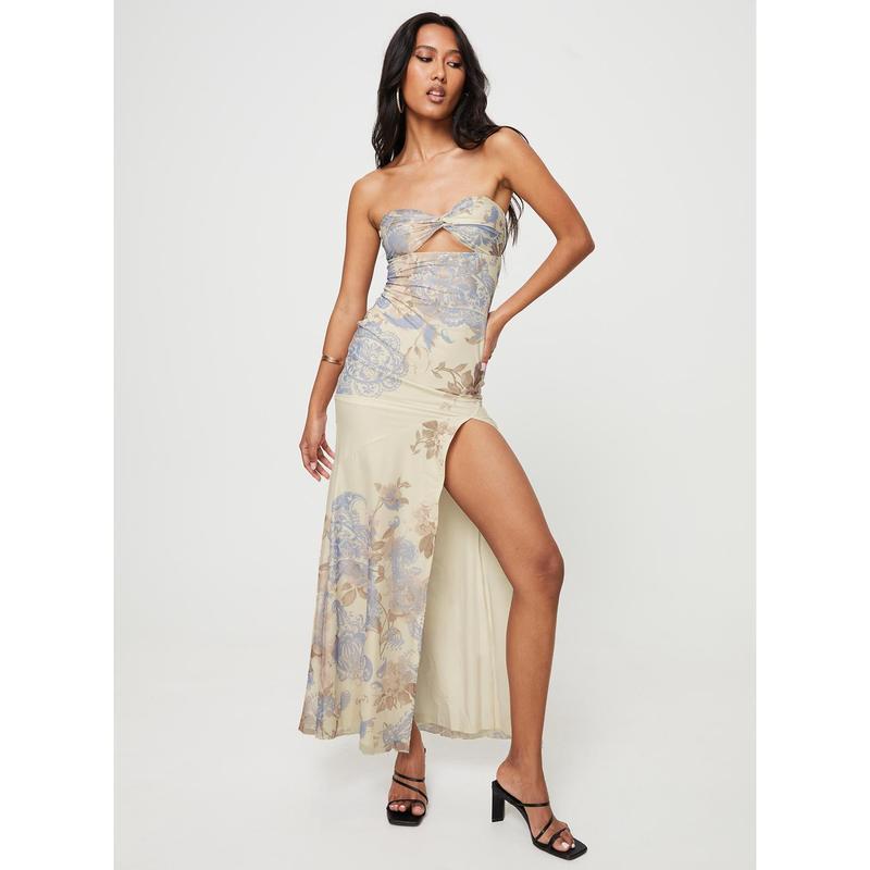 Kyanne High Split Maxi Dress Cream Multi