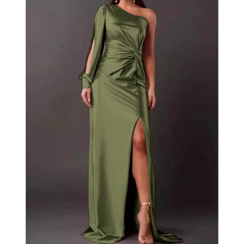 Evening Dress Women Party Long Dresses Backless Diagonal Collar Solid Folds Splice Tight Waist ...