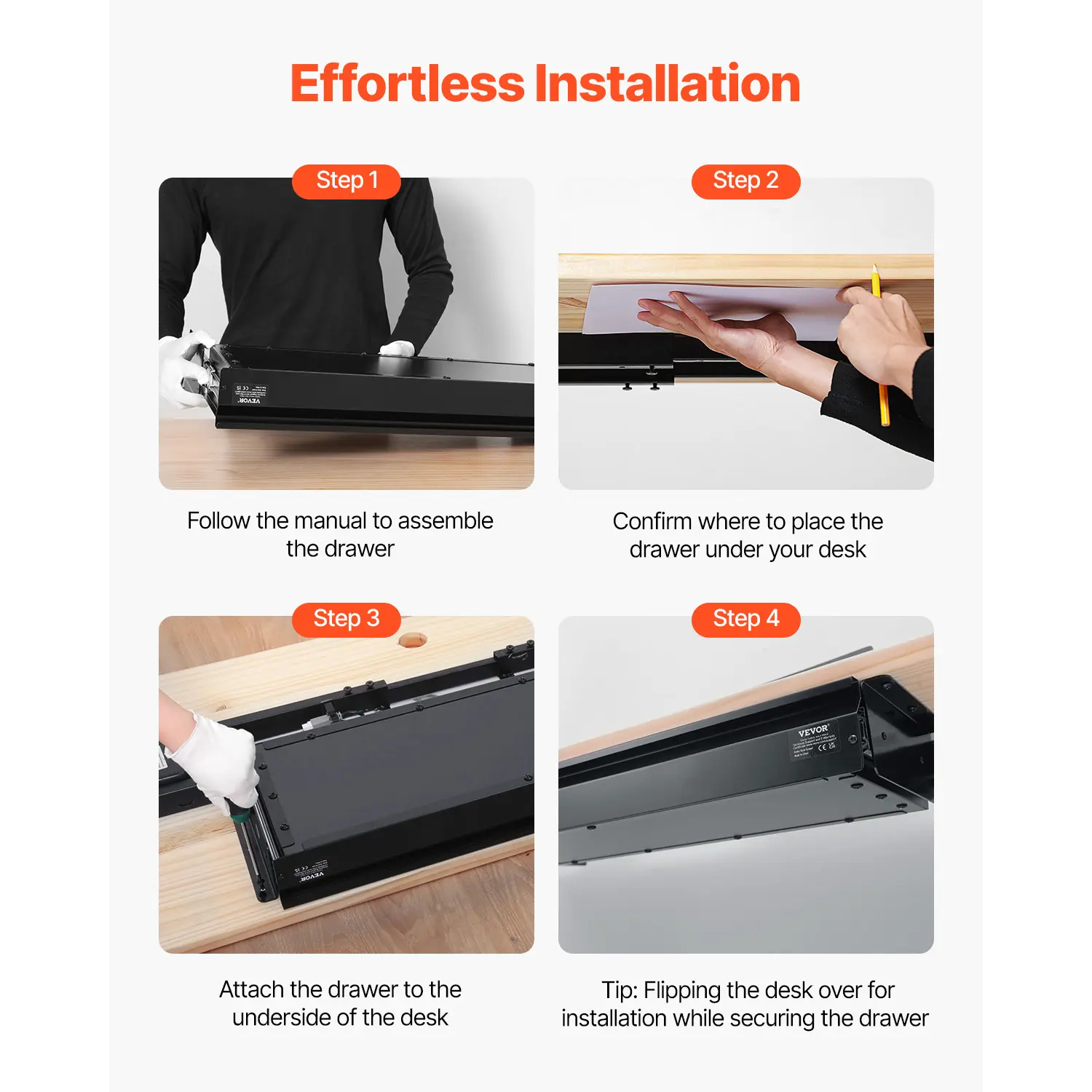 VEVOR 26" Wide Under Desk Drawer Slide Out, Under Desk Mounted Pull-out ...