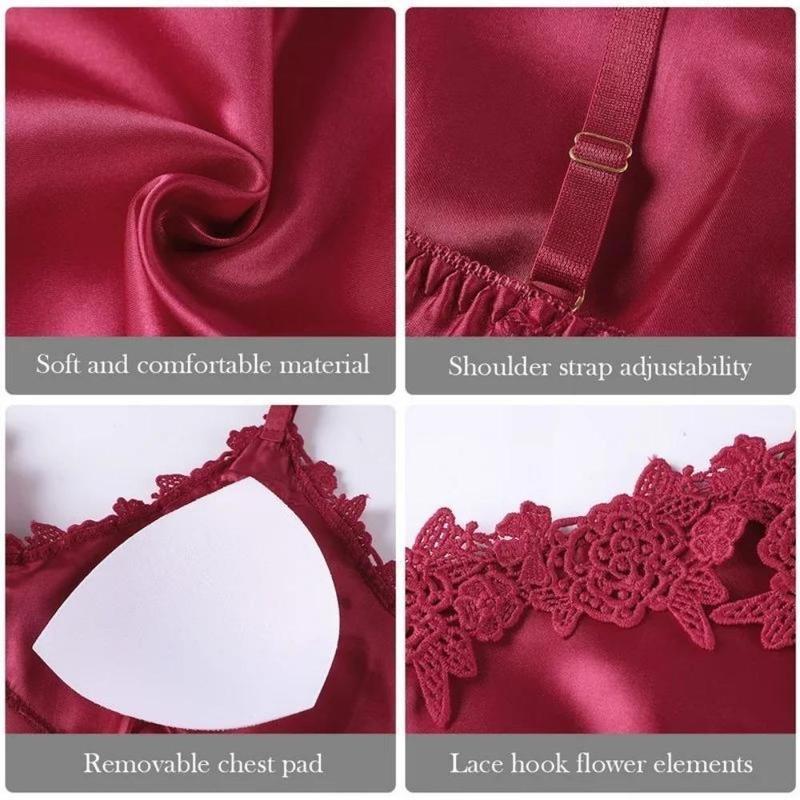 Silk Robe Sleep Suit Womens Lace Satin Pajamas Gown Set V-Neck Cami ...