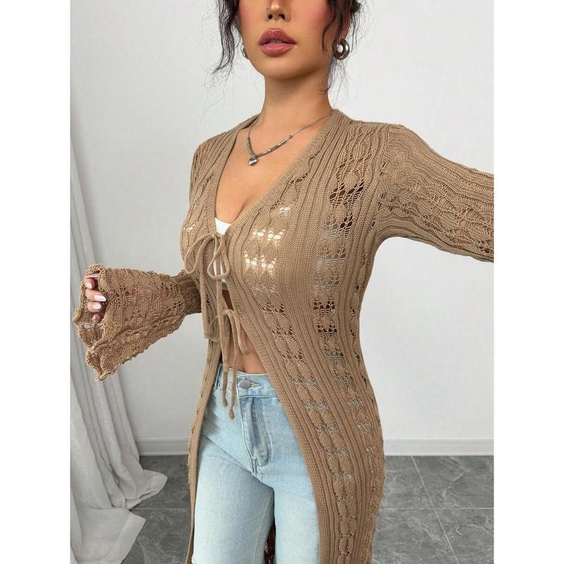 Casual Fitted V-Neck Long Sleeve Knit Flare Cuff Long Cardigan For ...