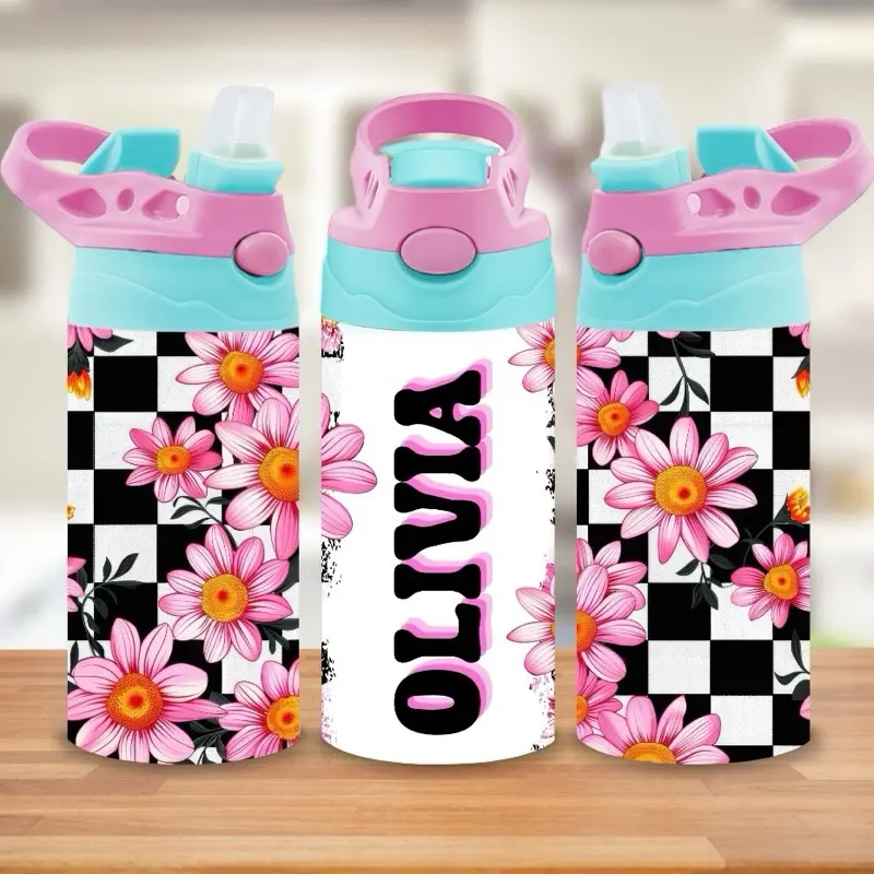 Flower Checkered Personalized 12 oz Water Bottle with Custom Name Pink ...