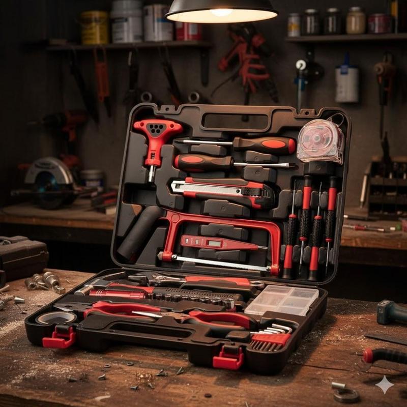 Portable Heavy-Duty Tool Kit with Screwdrivers Pliers Wrench Set Tape ...