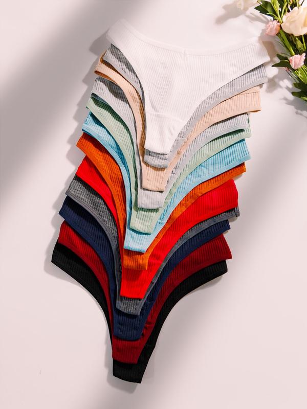 Women's 12pcs Solid Drop Waist Thong, Soft Comfy Basic Fit Breathable ...