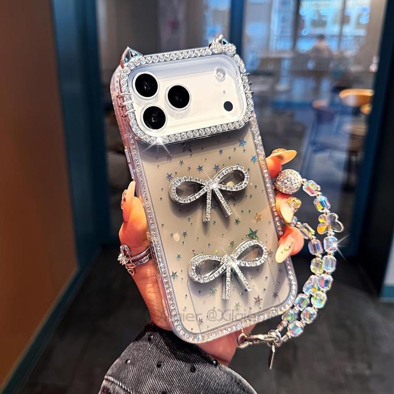 3D Cat Ears Luxury Rhinestone Bow Phone Case with Crystal Chain, Star ...