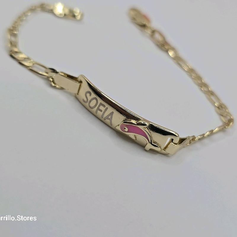 ID BRACELET pink dolphin figaro Style 6"inches gold-plated ENGRAVING ...