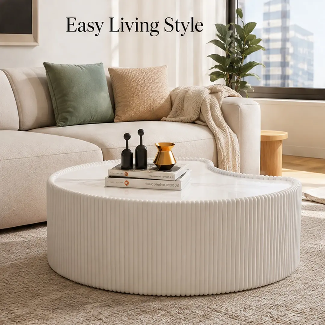 ARCH Modern Round Coffee Table with Sintered Stone Top and PU Leather ...