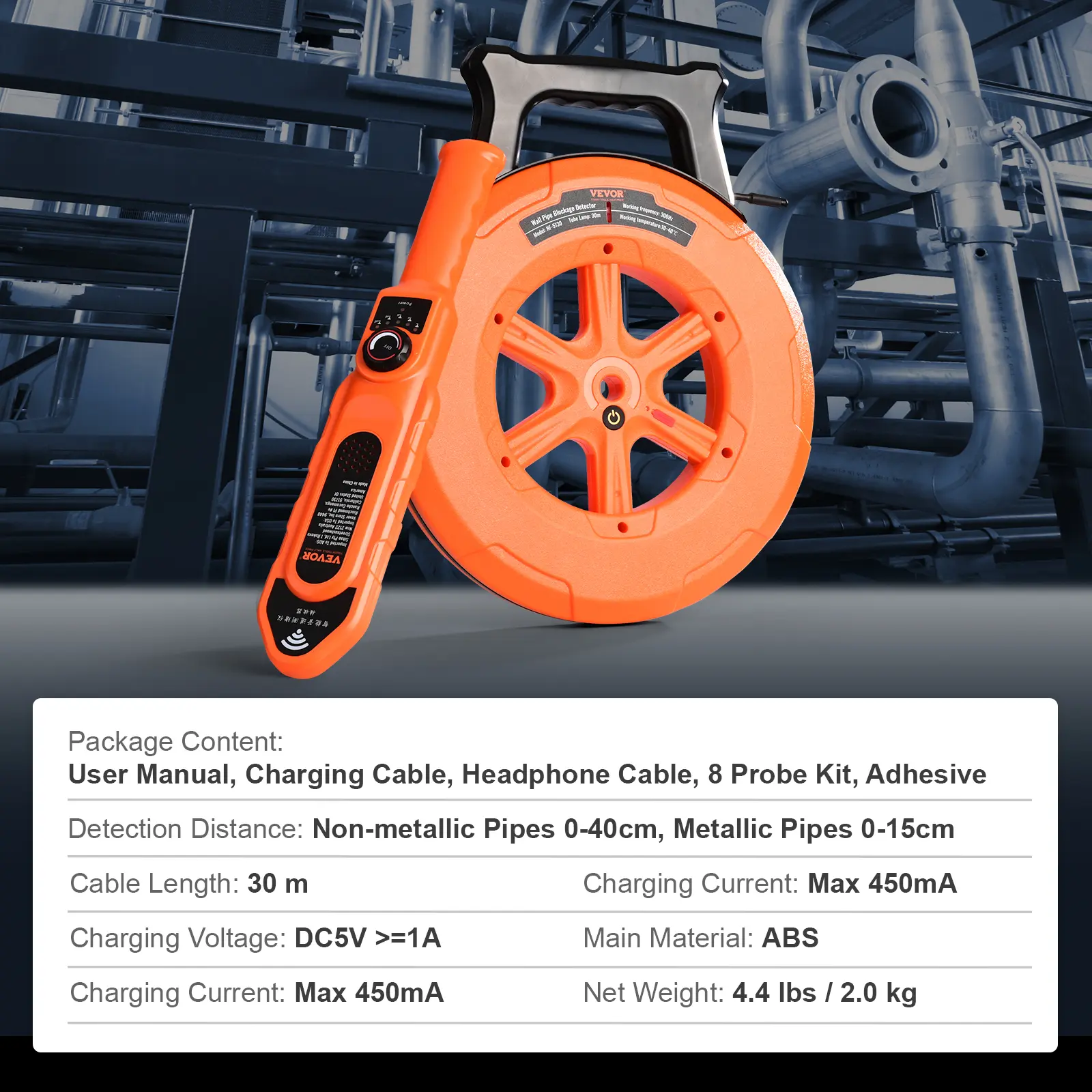VEVOR Pipe Locators, 100ft/30m PVC Pipe Locators Underground, IP67 ...