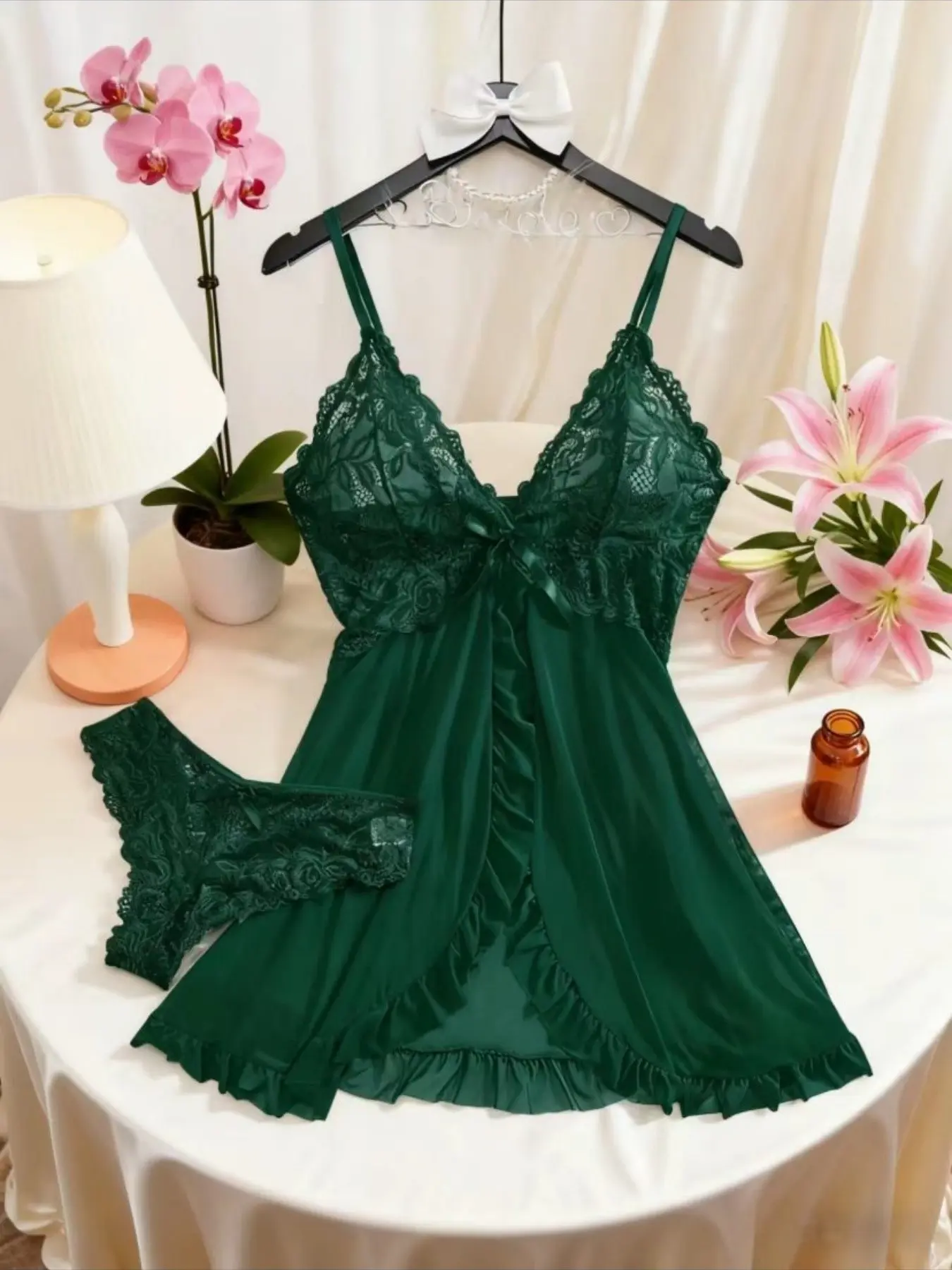 1 Set Women's Adjustable Spaghetti Strap Sheer Mesh Panty Set, Ruffle ...