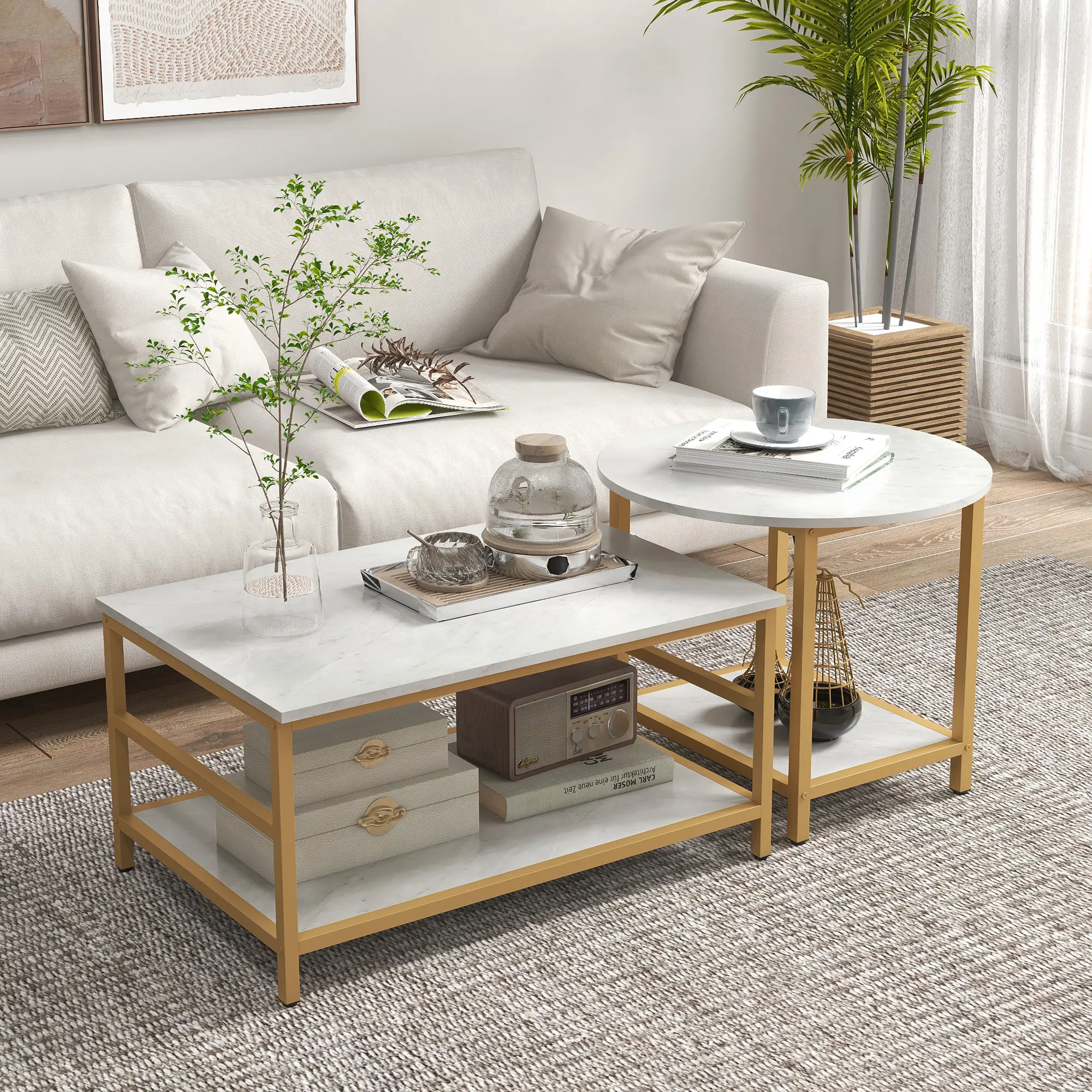two piece coffee table set rectangle round faux marble top storage ...