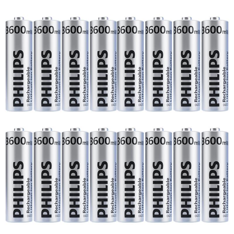 Philips 1.5V Rechargeable AA Lithium Batteries 16 Pack, 3600mWh High ...