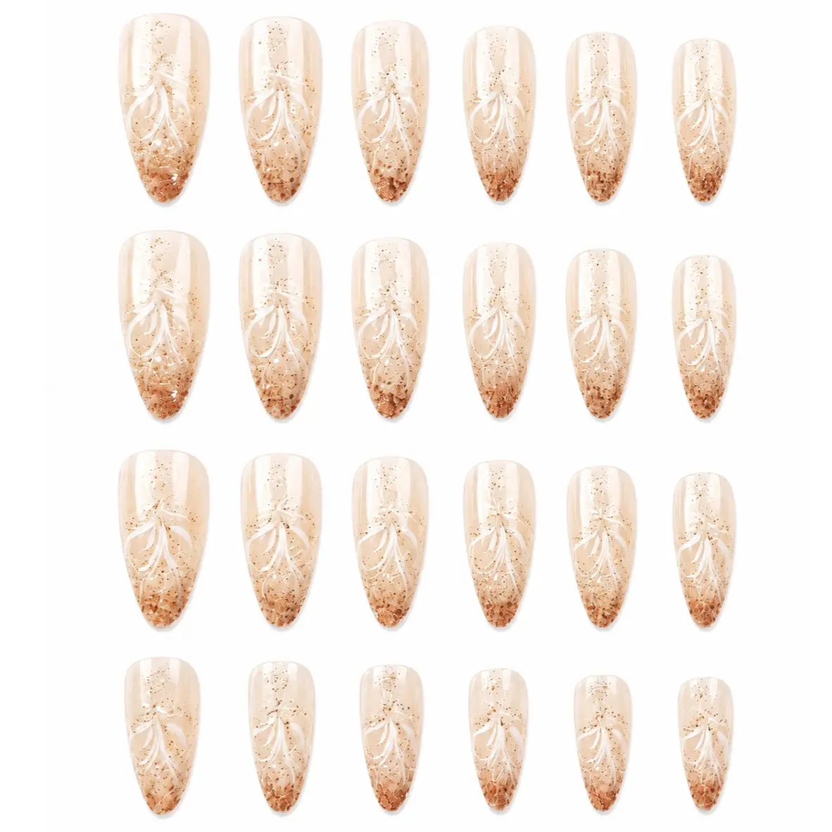 24Pcs White Snowflake Press on Nail Sets Long Almond Nude Champagne ...