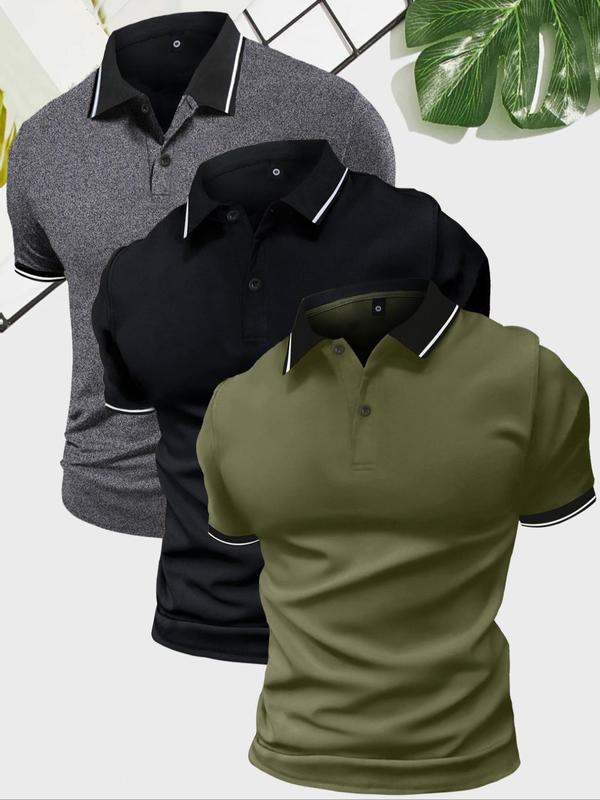 Men's Contrast Binding Polo Shirt, Regular Fit Short Sleeve Collar ...