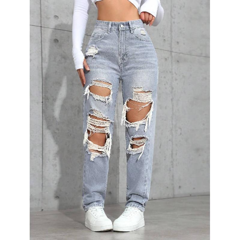 Women's Loose Straight Leg Ripped Pockets Casual Washed Denim Jeans ...