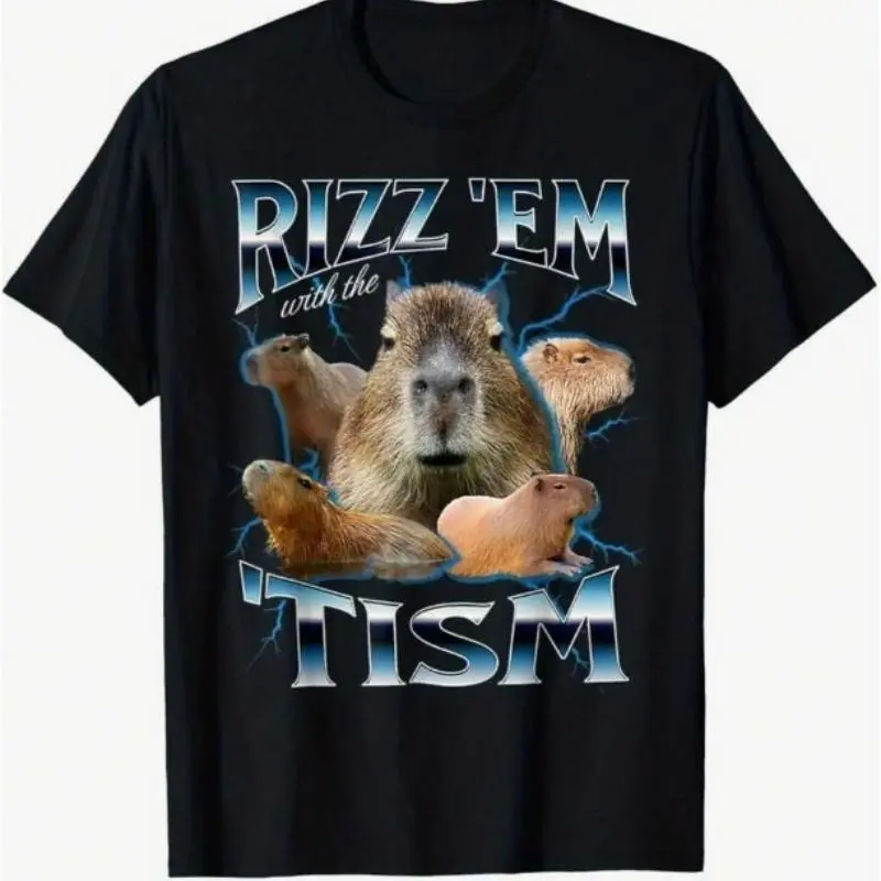 Rizz Em With The Tism Capybara Funny T-Shirt, Men's Stylish Cotton T ...