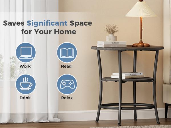 2-Tier Round Nightstand with Steel Frame, 21.7" Rustic Brown Side Table ...