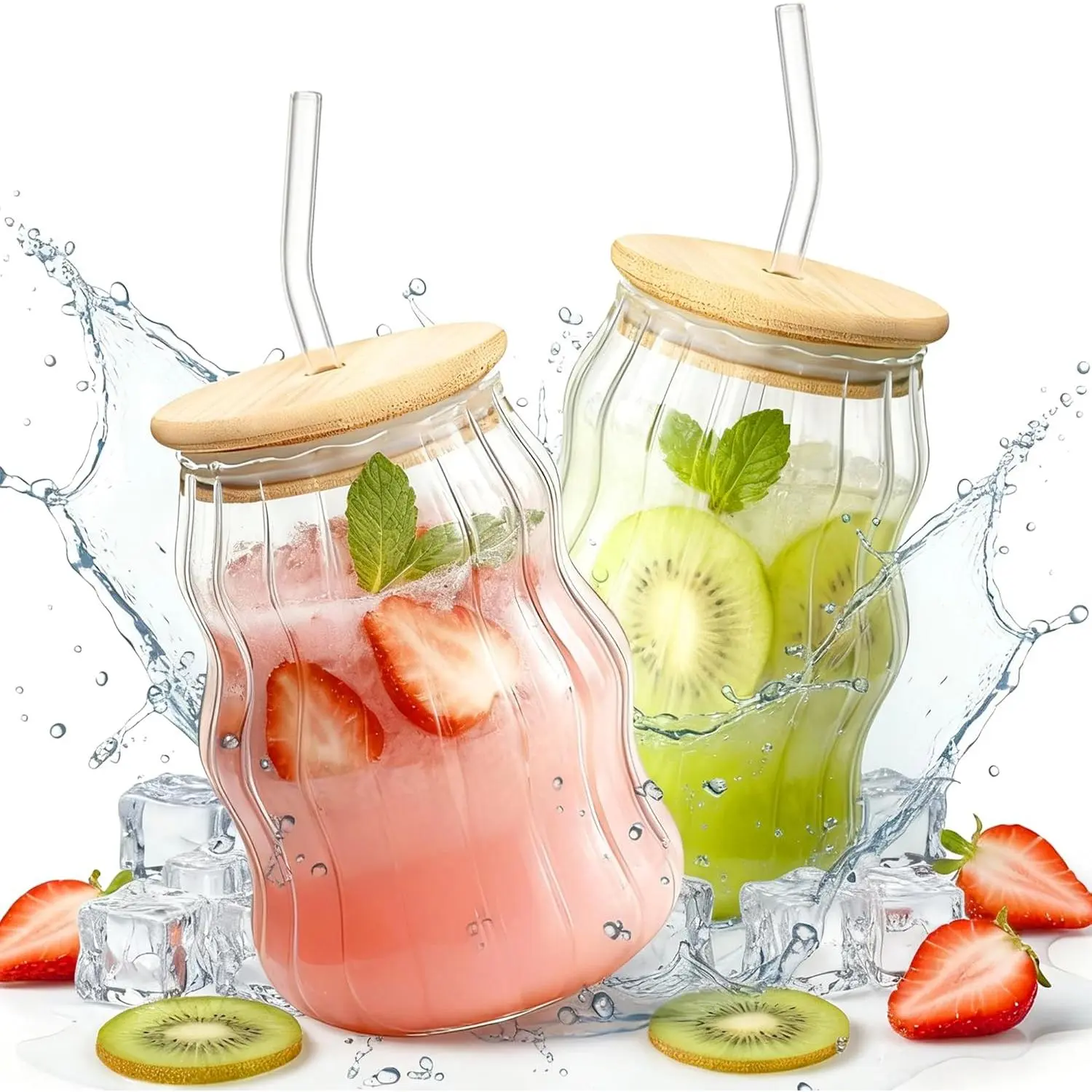 2 Packs Cute Glass Tumbler with Lid and Straw 16 oz Ice Coffee Cup Set ...