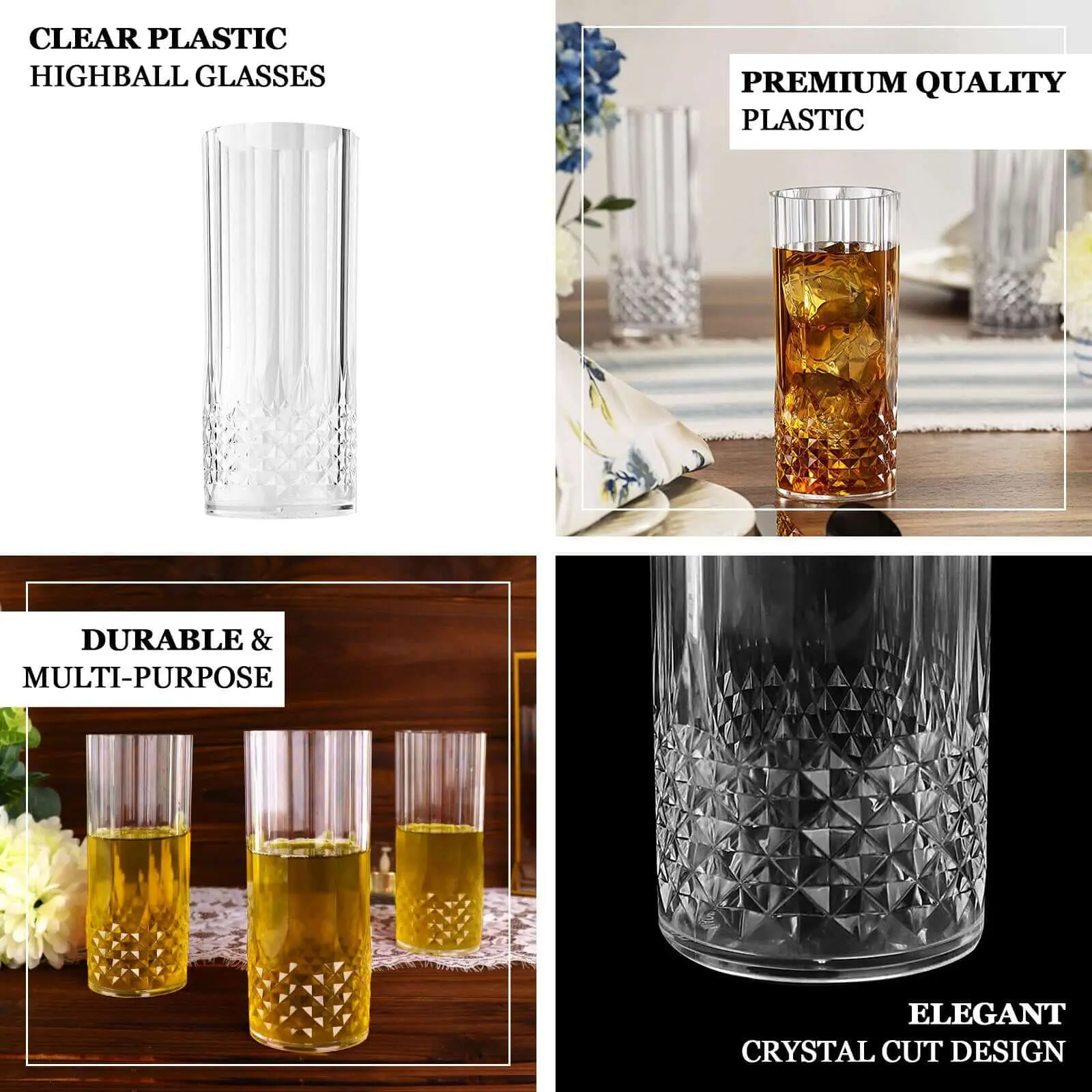 6-Pack Transparent Plastic Highball Drink Glasses 14oz, Crystal Cut ...