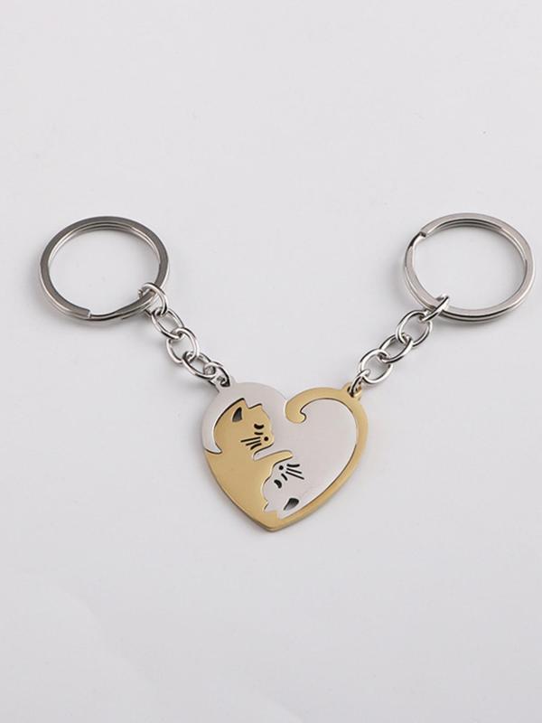 Cat Design Heart Shaped Keychain, 2pcs 2024 New Style Cute Cat Design ...