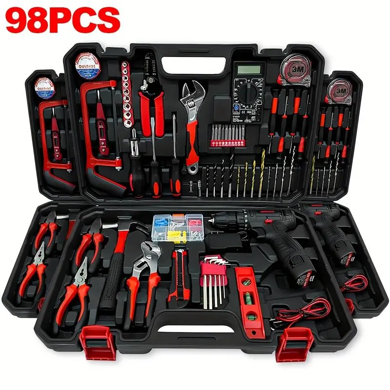98-Piece Mechanical Tool Set Combination - Includes Drill Bits, Drill ...