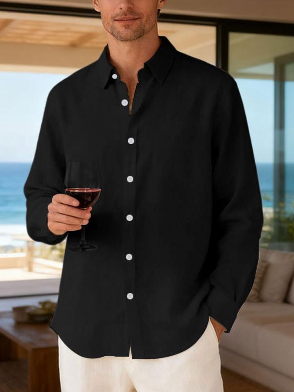 Men's Linen Blend Shirt, Casual Long Sleeve Button Front Collar, Loose ...