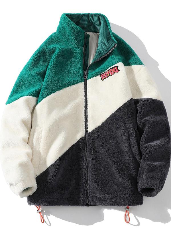 Men's Colorblock Patched Zip Up Fuzzy Coat, Loose Casual Moc - TikTok Shop
