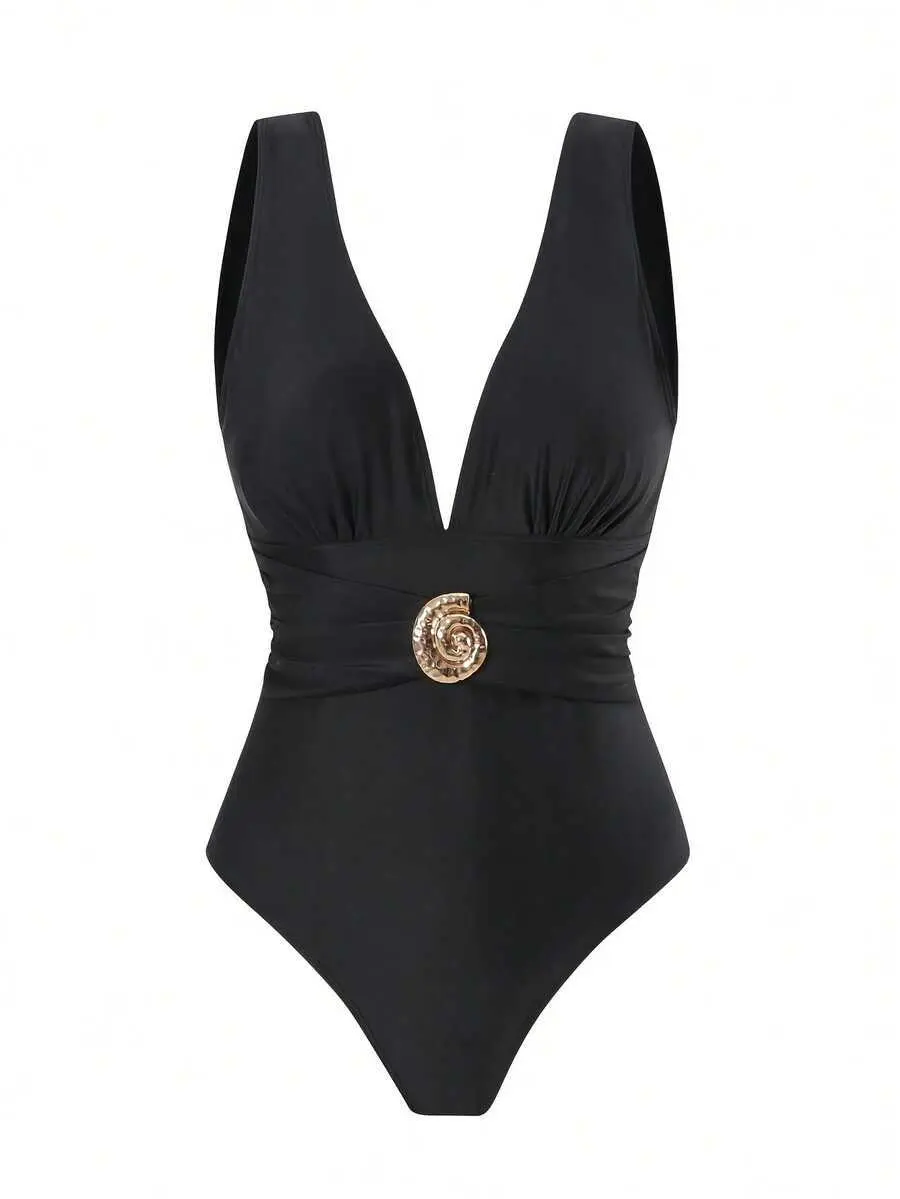 Briza｜Deep V One Piece Swimsuit In Solid Black With Sheer Gold Sunburst ...