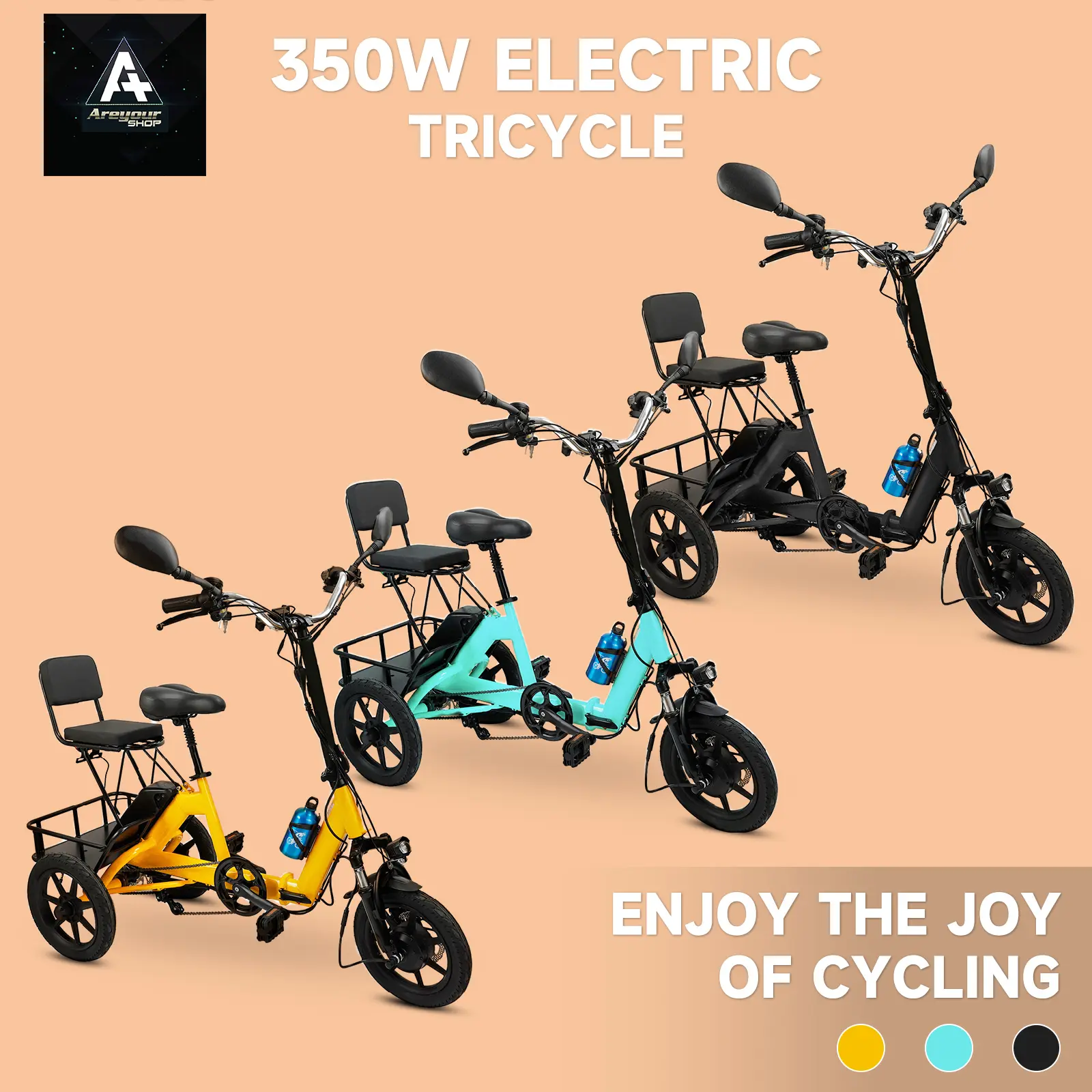 Areyourshop 350W Foldable Three Wheel Electric Tricycle for Adults ...