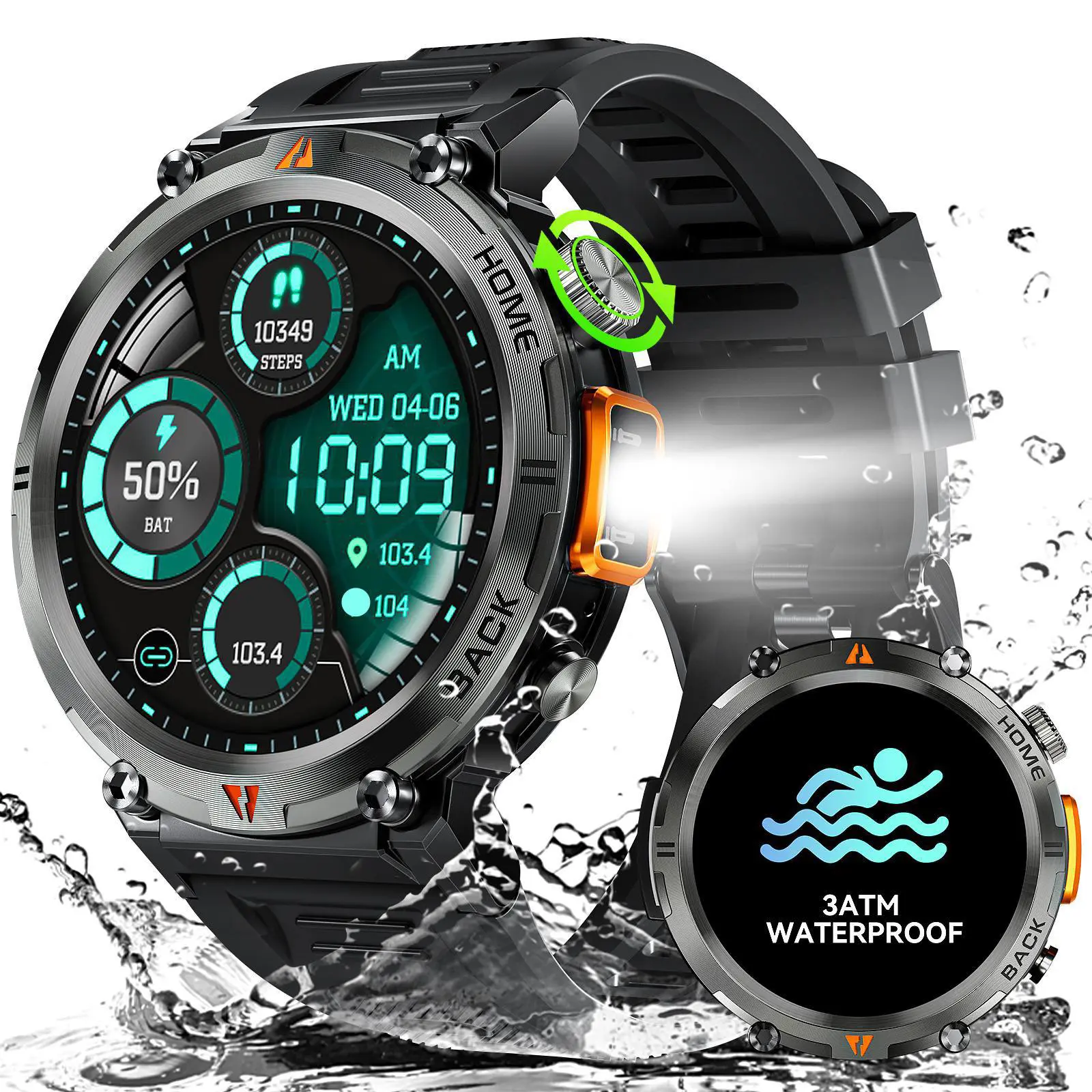 EIGIIS KE3 Smart Watch for Men with LED Flashlight (Call Receive/Dial ...