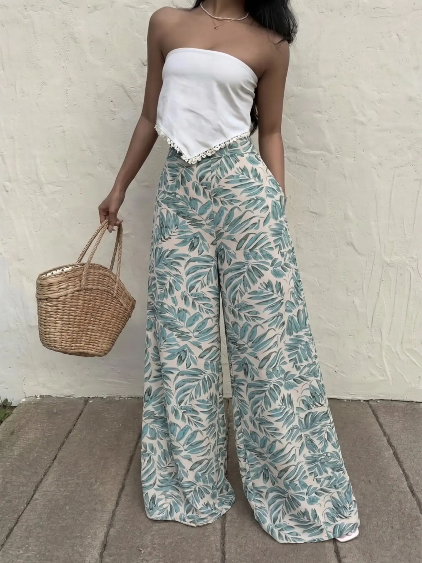 Lightweight Breathable Tropical Leaf Print High Waist Bohemian Wide Leg ...