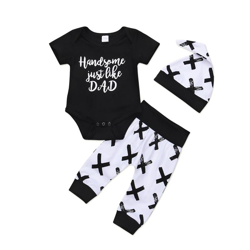 3pcs Newborn Baby Boys Black Rompers+ Crosses Print White Pants Outfits ...