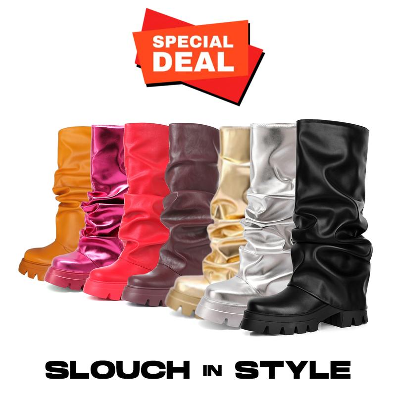 CELNEPHO Slouchy Boots for Women Wide Calf Fold Over Boot Pleated ...