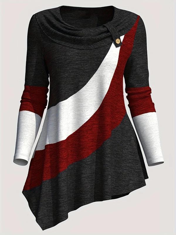 Women's Colorblock Asymmetrical Hem Button Tee, Casual Long Sleeve ...