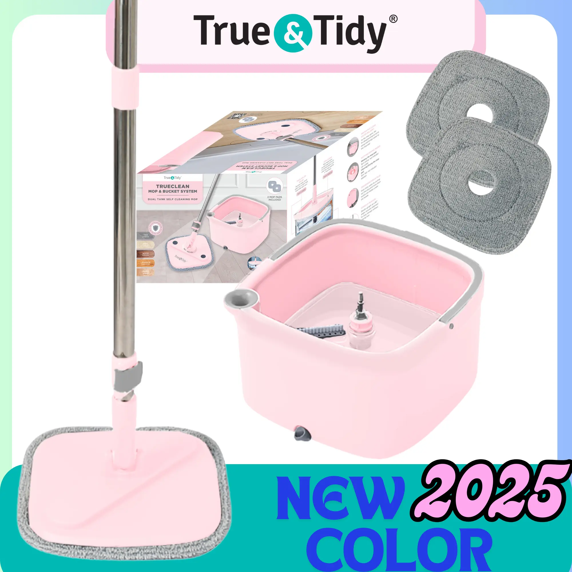 New True & Tidy Rose Spin Mop And Bucket System With Two Reusable Mop ...