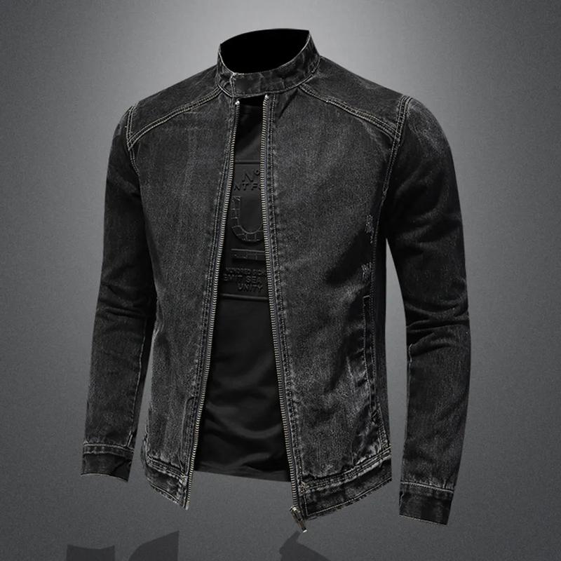 Men'S Denim Jacket Stand Up Trend Jacket Zipper Long Sleeved Outdoor ...