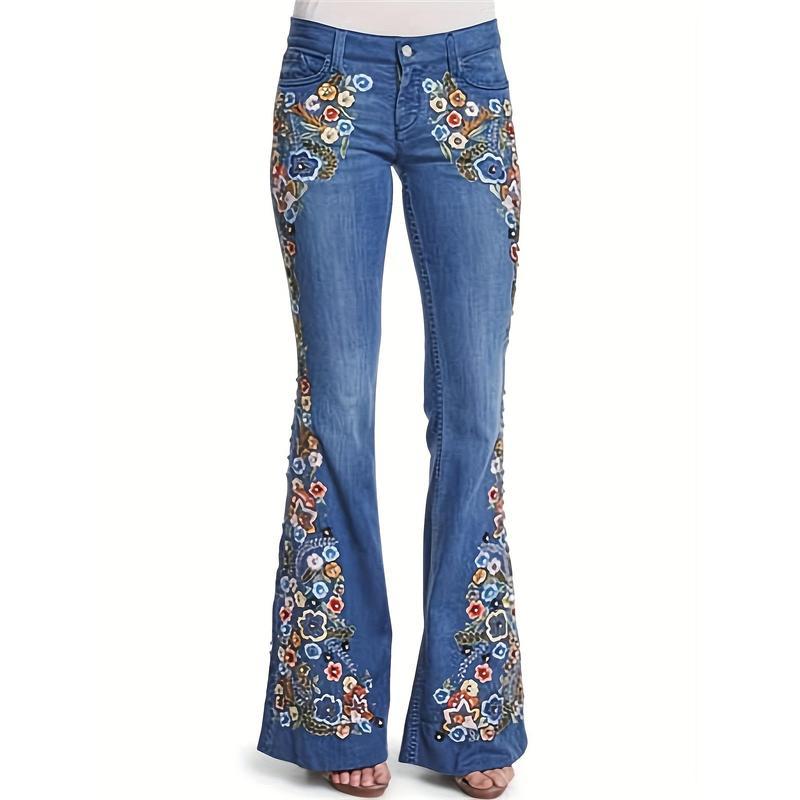 [Floral Embroidered Bell Bottom Jeans] Deep Blue Floral Embroidered ...