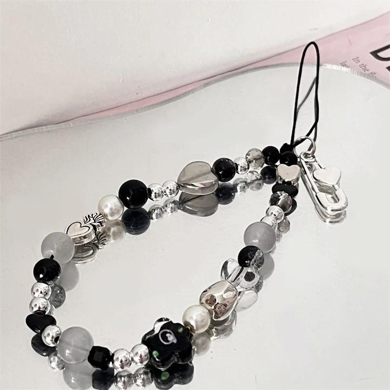 Y2K Heart Design Phone Strap, Bead Pendant Phone Lanyard Charm ...