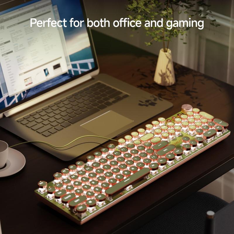 EWEADN V20 Punk Typewriter Mechanical Gaming Keyboard, All-metal Panel 104-Keys Wired Retro Punk ...