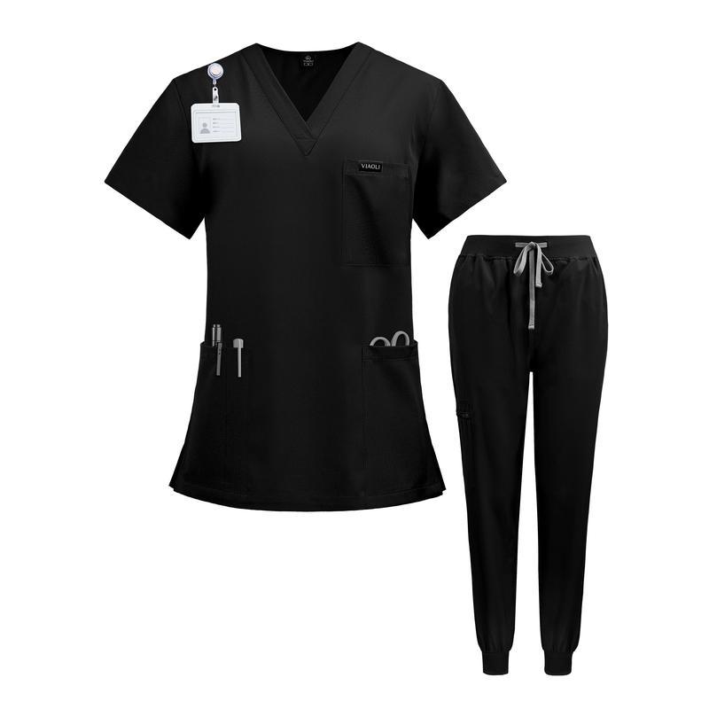 Solid Color 2 Pieces Modern Scrub Suit, V-neck 2 One Pockets Scrub Top ...