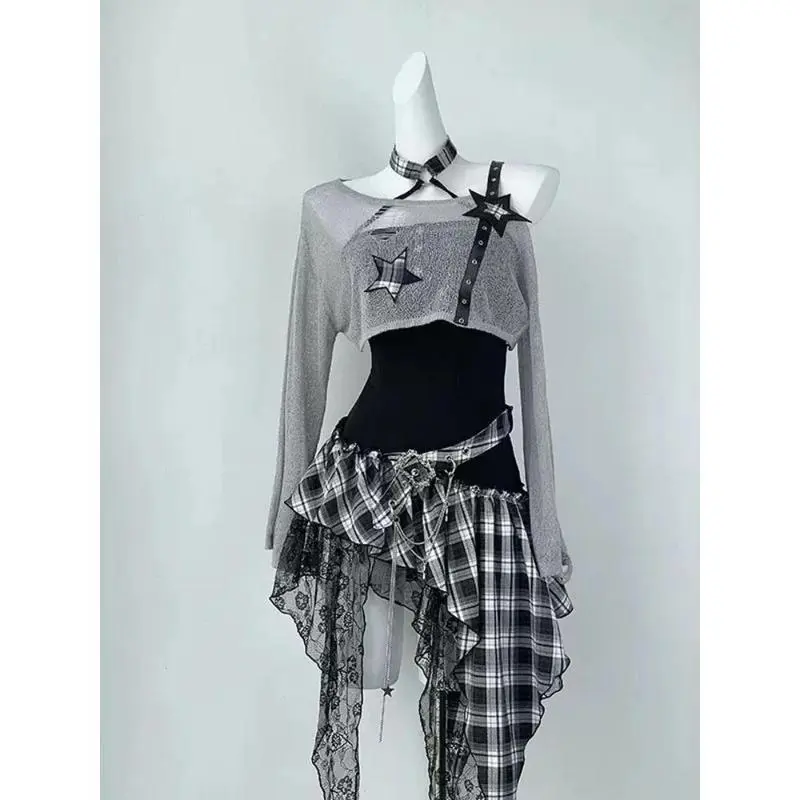 Gothic Hot Girl American Fashion 2 Piece Set Women Black Blouse + Chic ...