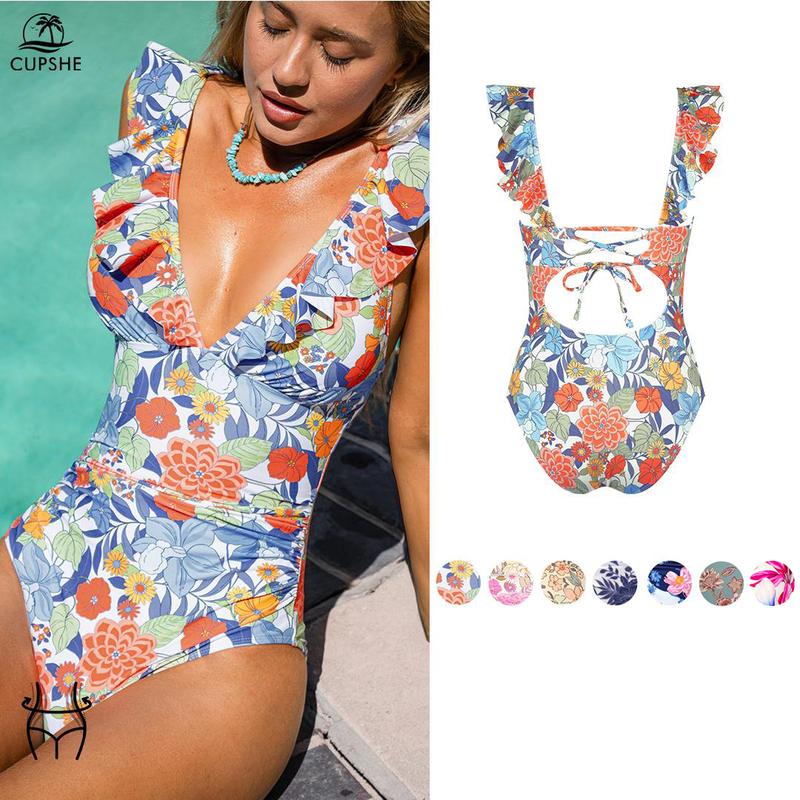 CUPSHE Floral Plunging Flutter Strap Tummy Control One-Piece Swimwear Removable Soft Cups Back ...