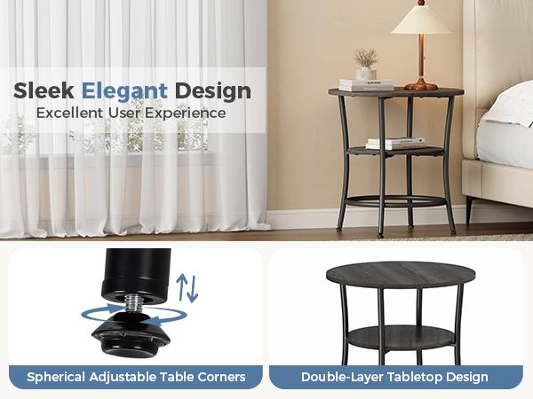 2-Tier Round Nightstand with Steel Frame, 21.7" Rustic Brown Side Table ...
