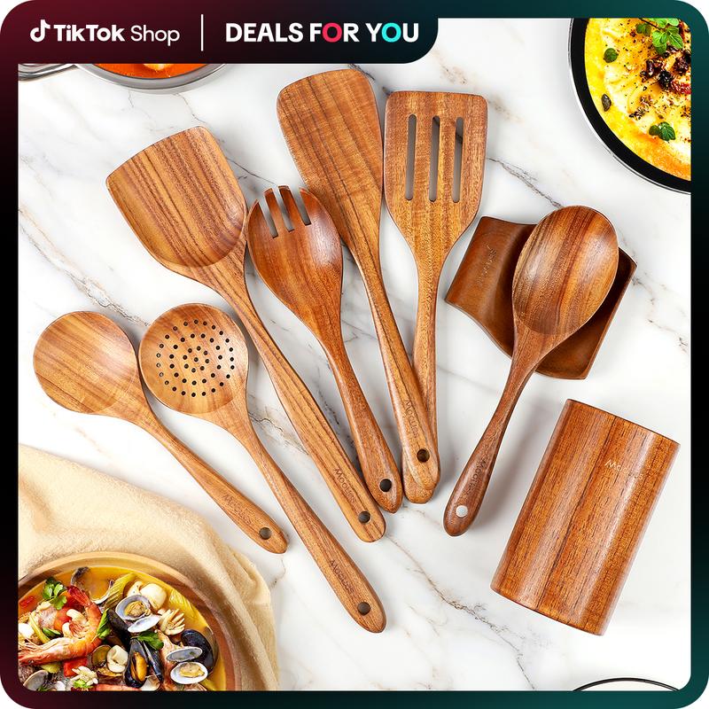 Mooues Natural Teak Wooden Kitchen Utensils Set – Safe&Eco-Friendly ...