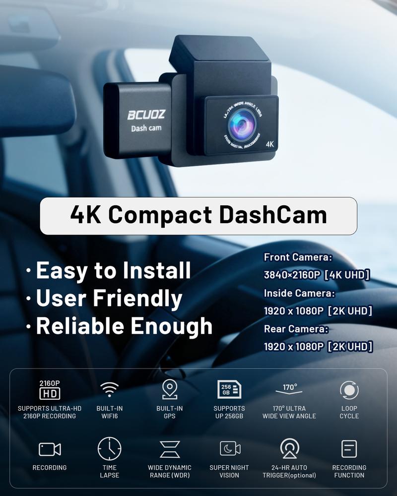 GS300 4K 3 Channel Dash Cam, 64GB Card, Full Night Color, 4K+2.5K+1080P ...